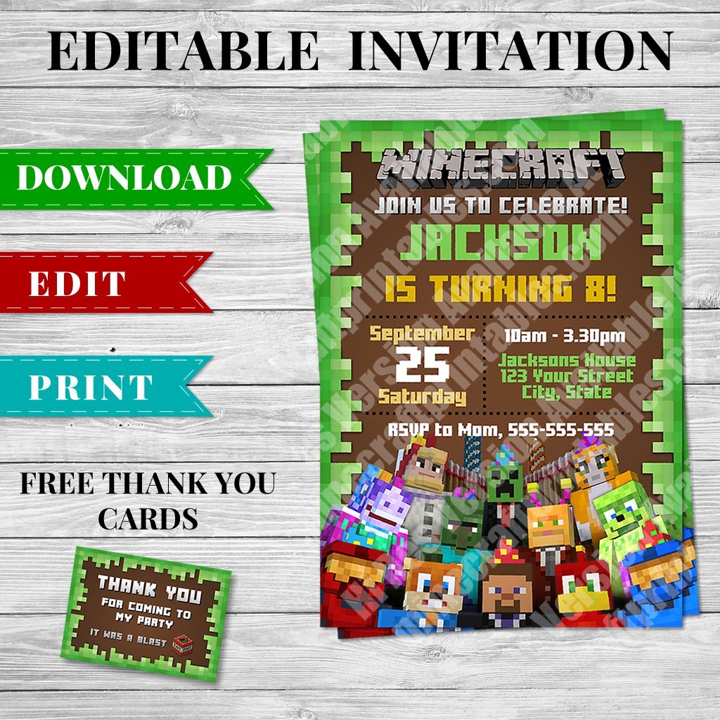 Invitations Printable Minecraft Birthday Party Invitation
